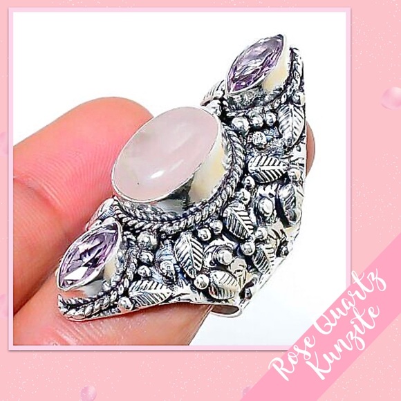 Jewelry | Rose Quartz Kunzite Eclectic Silver Leaves Ring Size 8 Pale ...